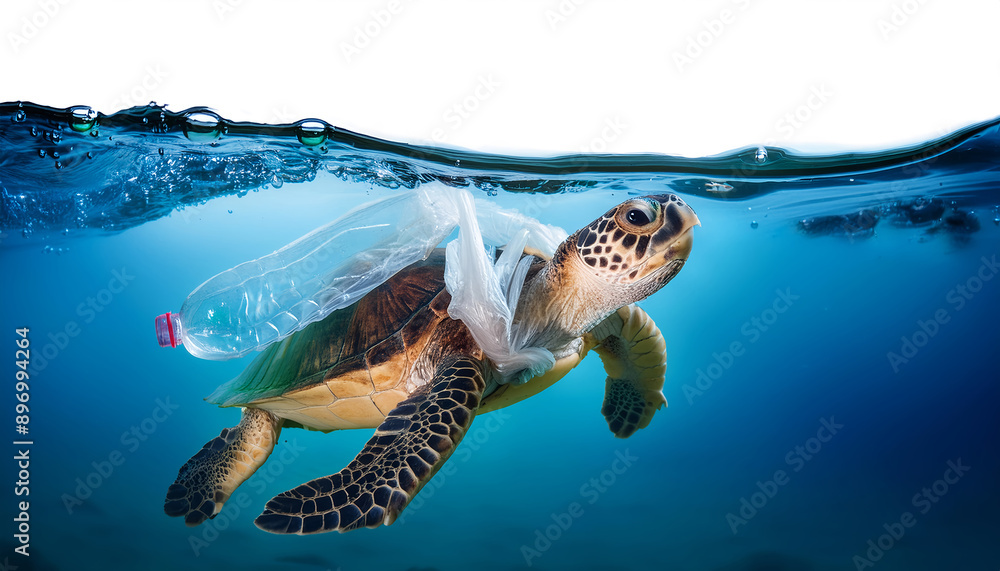A sea turtle in the ocean with a plastic bag tangled around its neck ...
