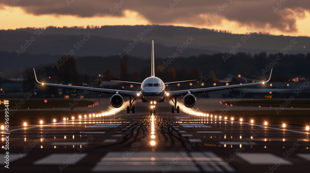 Front view of an airplane taking off or landing on a runway during ...