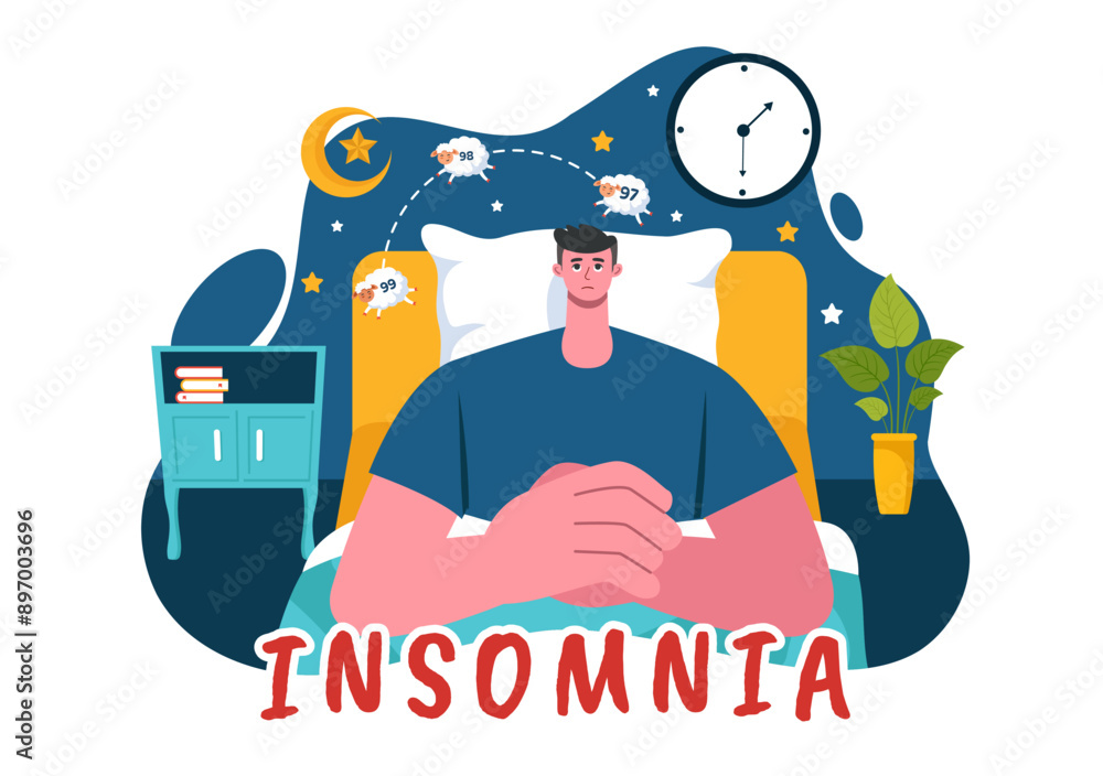 Insomnia Vector Illustration Featuring Young People Unable to Sleep ...