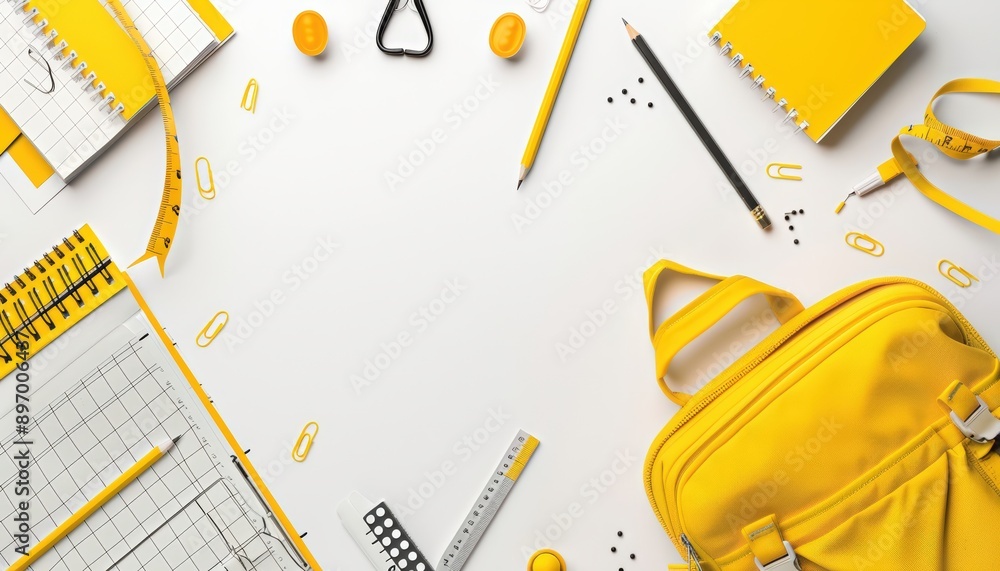 Back to school background with yellow backpack, pencil and ruler on ...