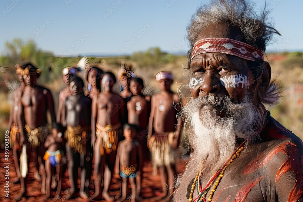 The chief of an Aboriginal Australian tribe with tribe members in the ...