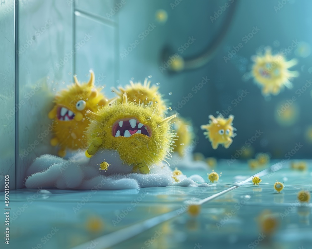 Bacteria thriving on bathroom surfaces, [germs, bathroom], [depicting ...