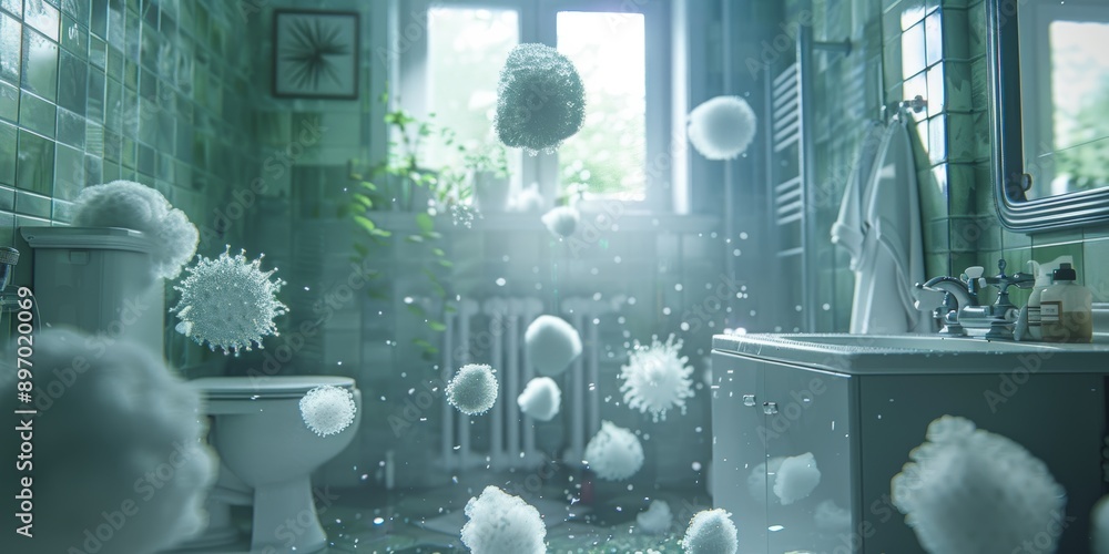 Bathroom air filled with airborne germs, [germs, bathroom ...