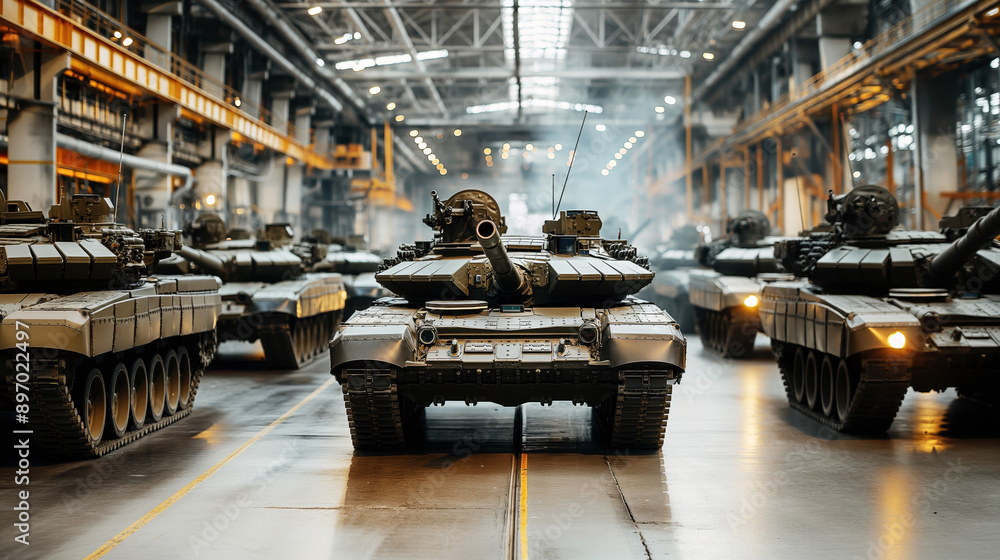 Row of military tanks in an industrial hall or manufacturing facility ...