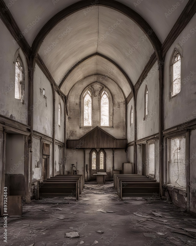 Eerie interior of an abandoned church with decaying pews and broken windows, capturing a sense ...
