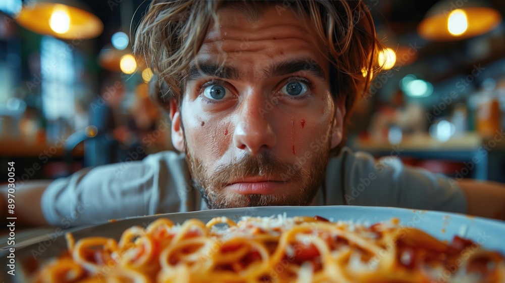 Emotional Eating theme. A man eating a large amount of comfort food ...