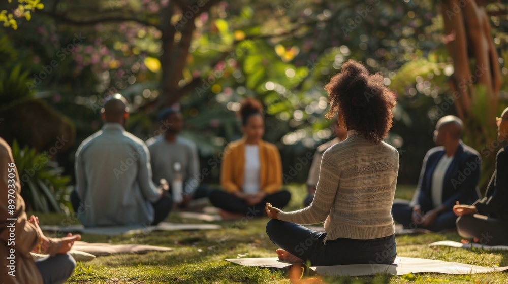 People meditate in a circle on a grassy field surrounded by lush trees ...