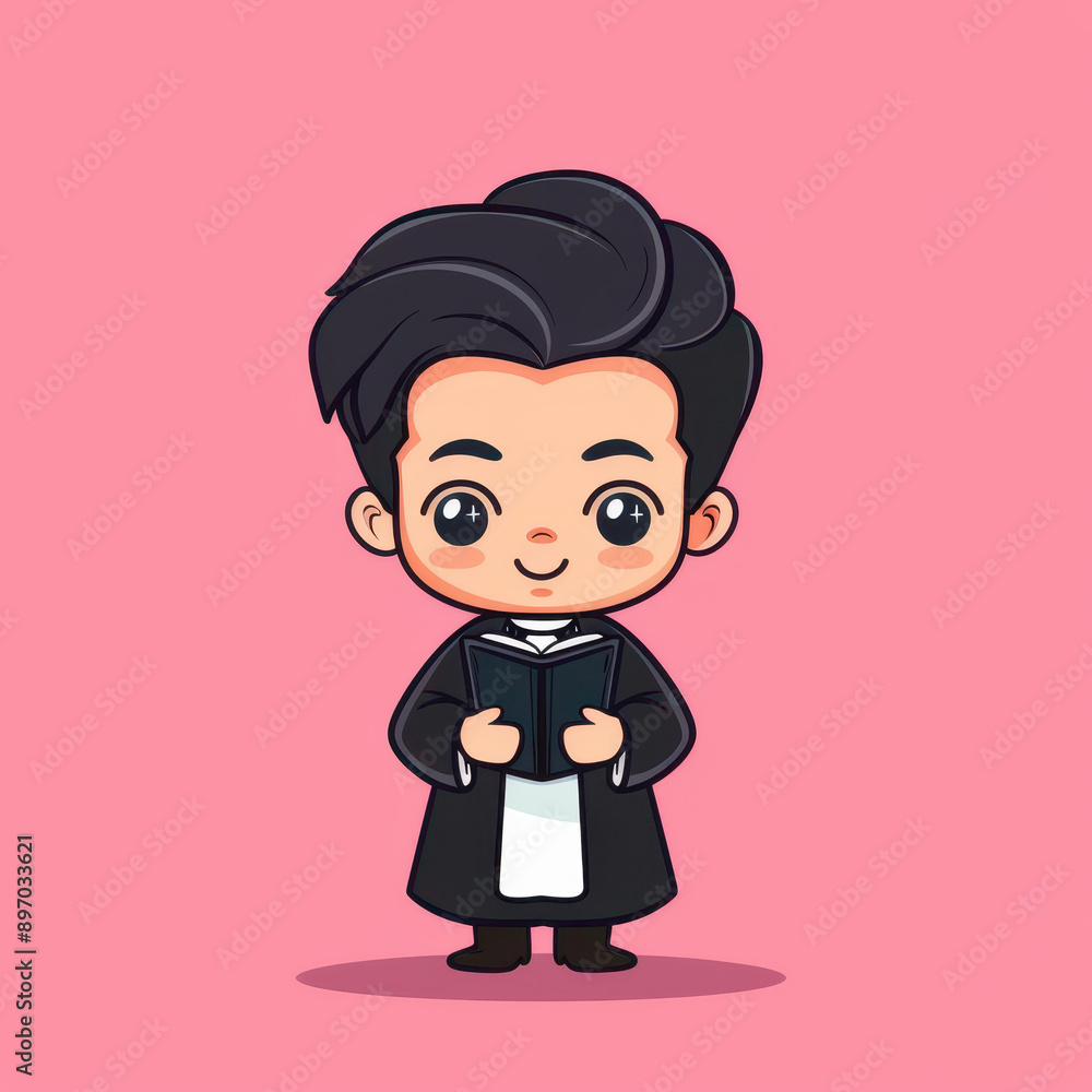 Adorable priest giving a sermon through a charming chibi cartoon ...