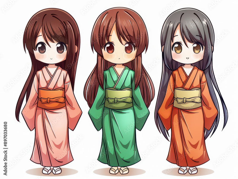 Adorable Japanese miko illustration featuring three girls in ...