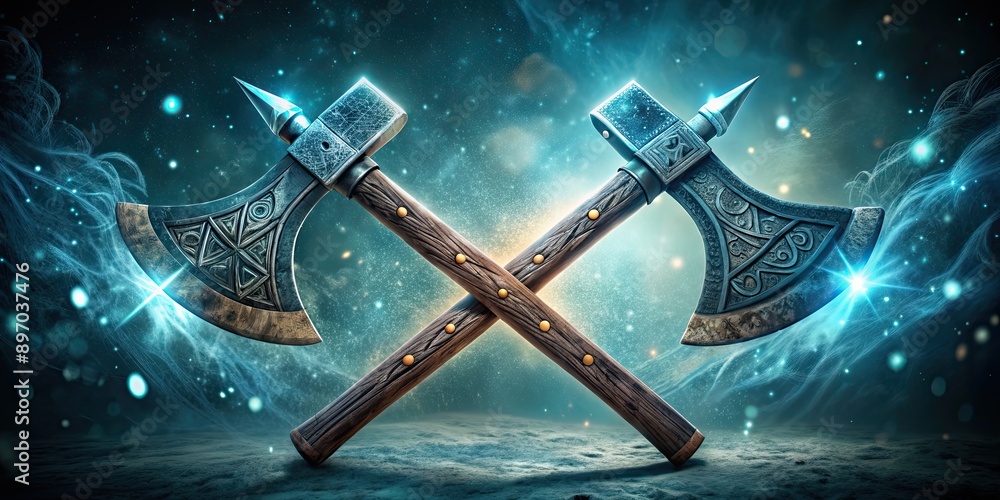 Viking crossed battle axes with magical runic enchantments , Viking ...