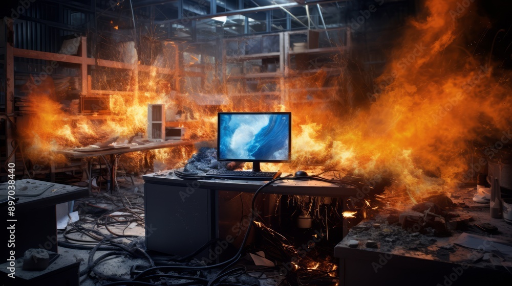 Fire Burning Inside The Office room interior. Fire accident concept ...