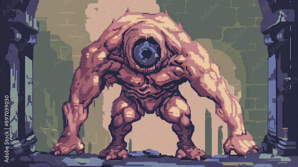 A cyclops with one large eye and a muscular build , pixel art, game ...
