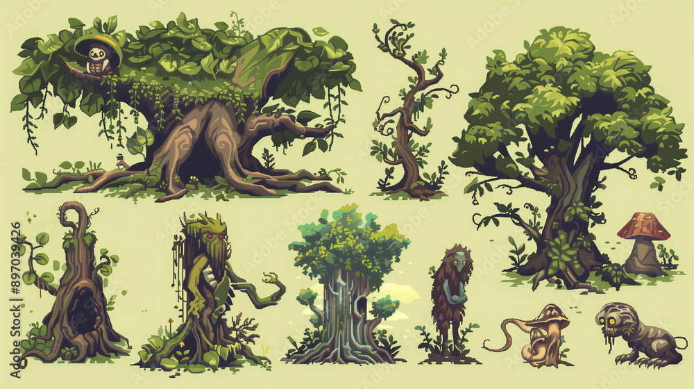 A set of forest creatures: dryad, ent, and forest sprite , pixel art ...