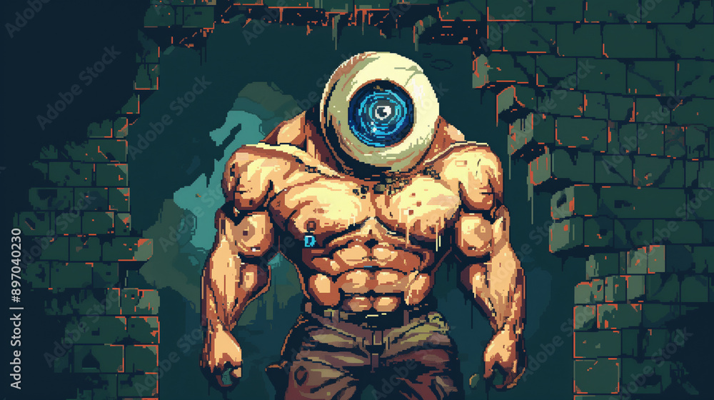 A cyclops with one large eye and a muscular build , pixel art, game ...