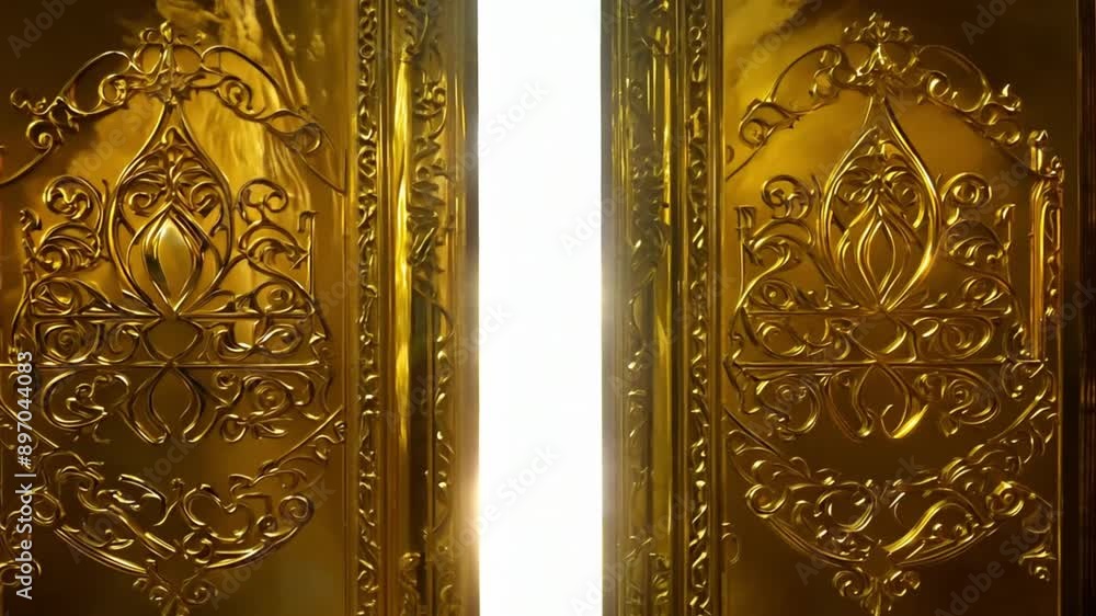 Going trough golden gate doors with bright heaven light shining. Open ...