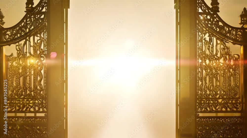 Going trough golden gate doors with bright heaven light shining. Open ...