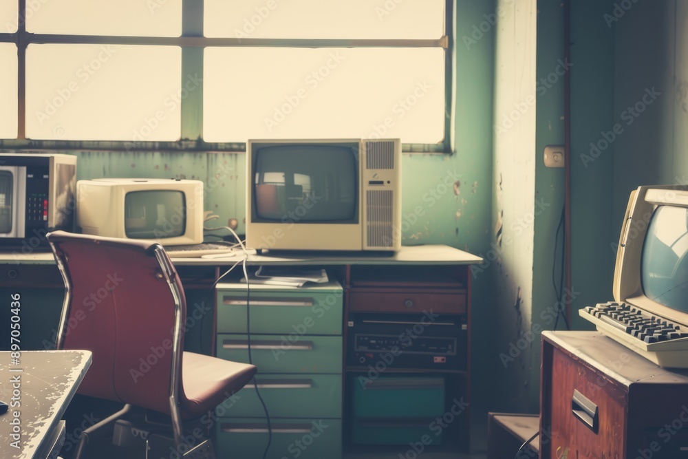 Explore a vintage office with old computers and equipment, capturing ...
