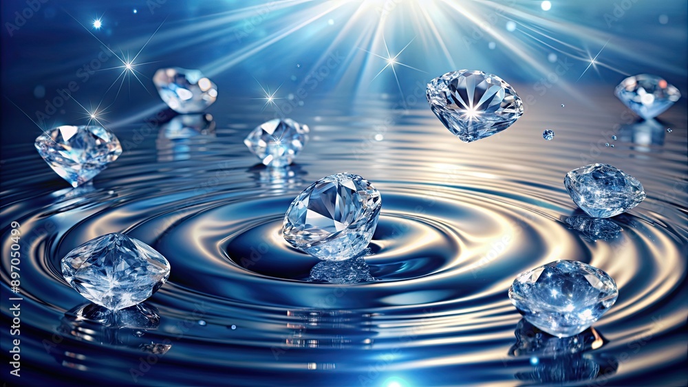 Diamonds falling in water creating ripples on shiny background ...