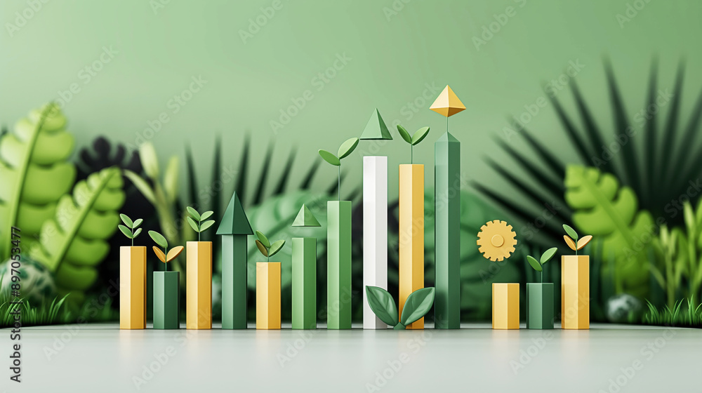 Illustration of a bar chart with plant elements and gears representing ...