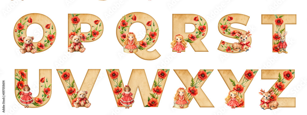 Large letters of the children's alphabet with poppies. Cardboard ...