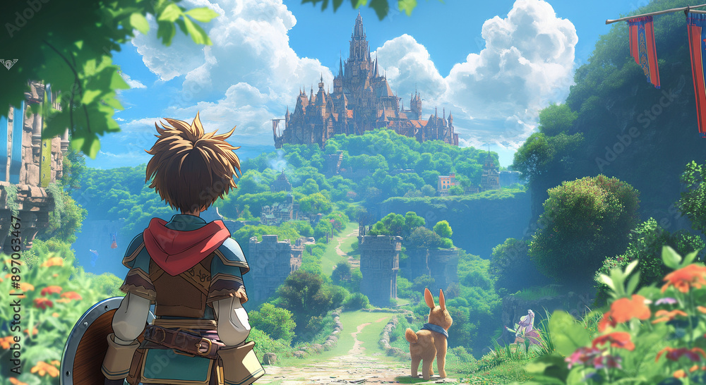 A vibrant and whimsical scene from a fantasy-themed video game. In the ...