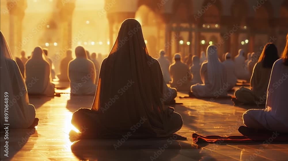 Women with their backs turned, wearing tunics and veils, praying inside ...
