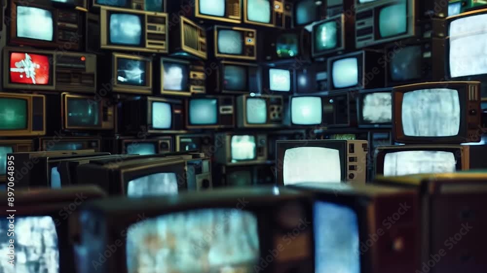 Retro television control room with multiple screens displaying static ...