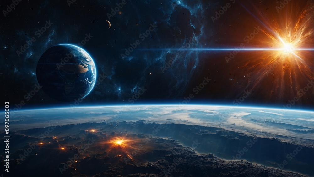Earth against blue nebula and radiant sun in deep space, dark wallpaper ...