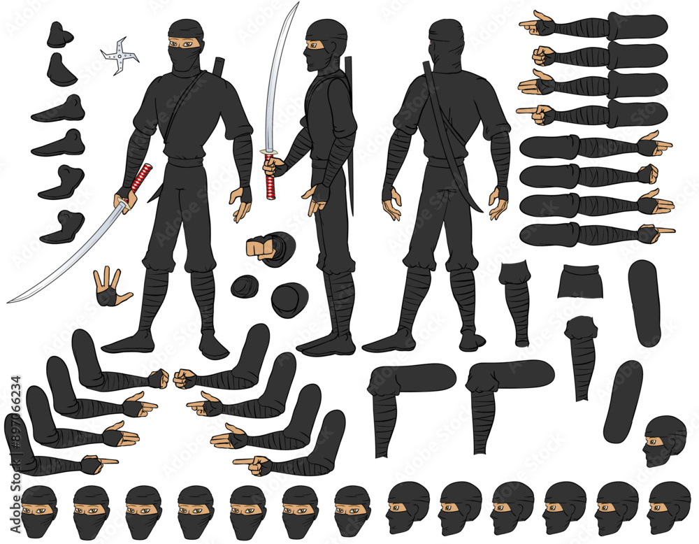 Vector Ninja man character with lip sync and eye blink, all sides ...