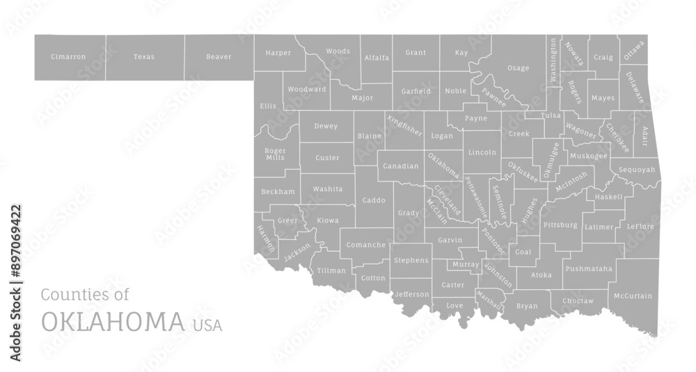 Gray map of Oklahoma, federal state of USA. Silhouette of Oklahoma ...