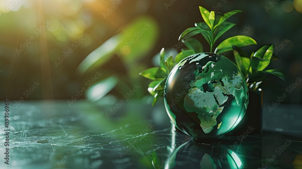 Environmentally sustainable small green globe, highlighting green ...