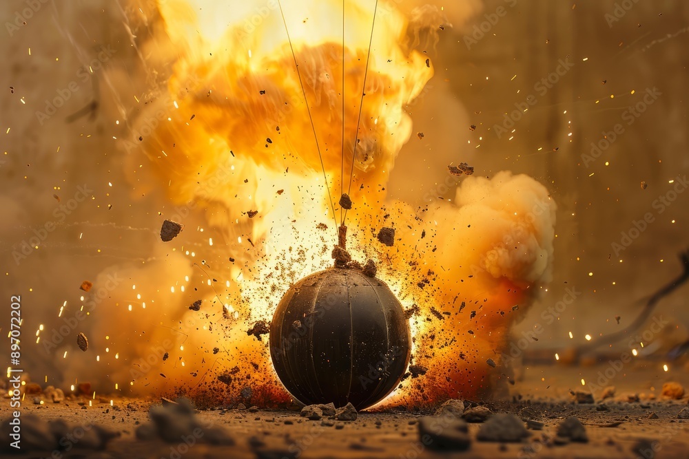 Round bomb exploding in a cloud of fire and smoke with debris flying ...