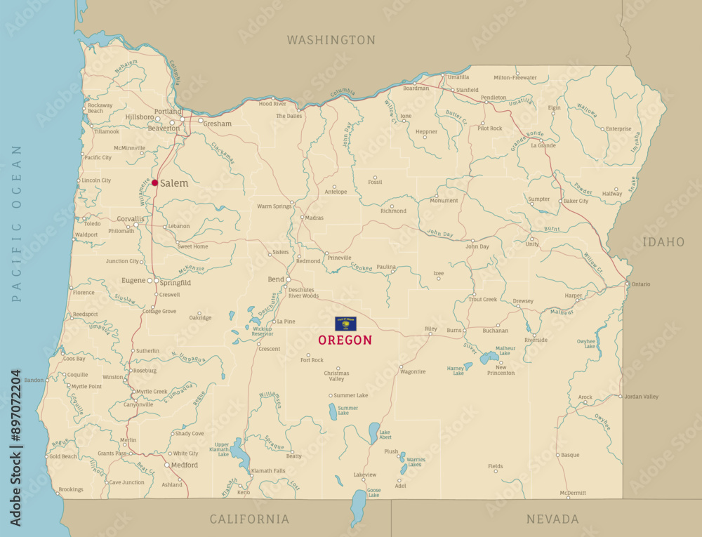 Road map of Oregon, US American federal state. Editable highly detailed ...