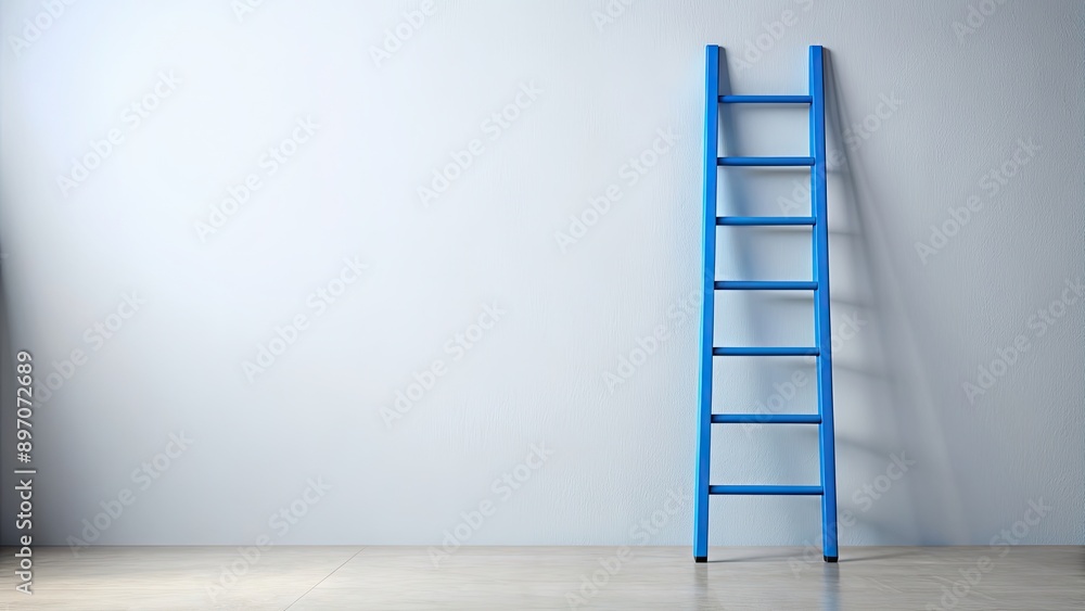 Blue ladder leaning against a white wall leading to success ...