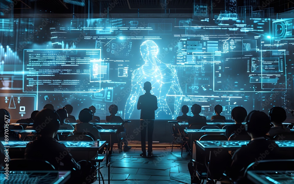 Futuristic classroom with students learning from holographic teacher ...
