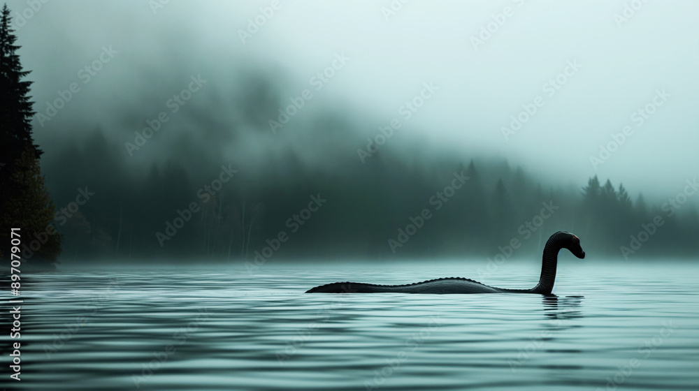 Misty lake with foggy forest background and long-necked creature ...