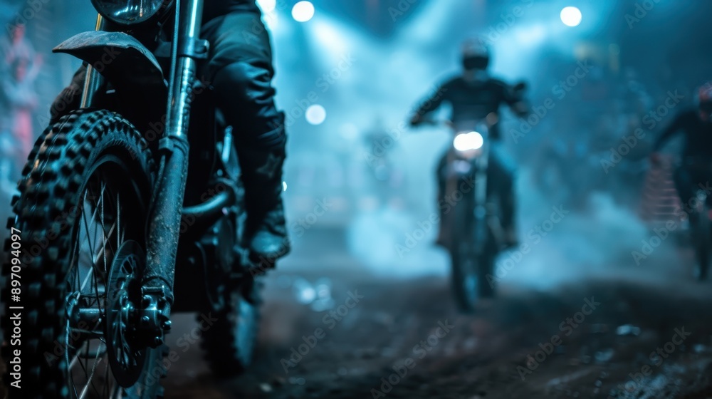 An action-packed scene captures motorcyclists racing through a dirt ...
