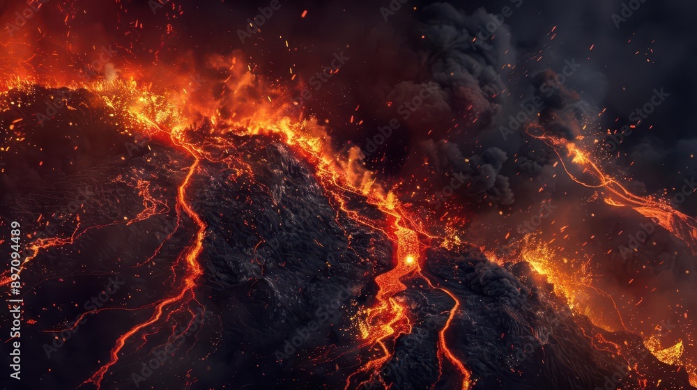 dramatic volcanic eruption with rivers of glowing lava and billowing ...