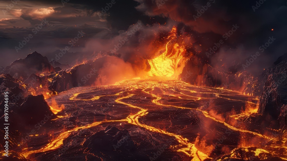 dramatic volcanic eruption with rivers of glowing lava and billowing ...