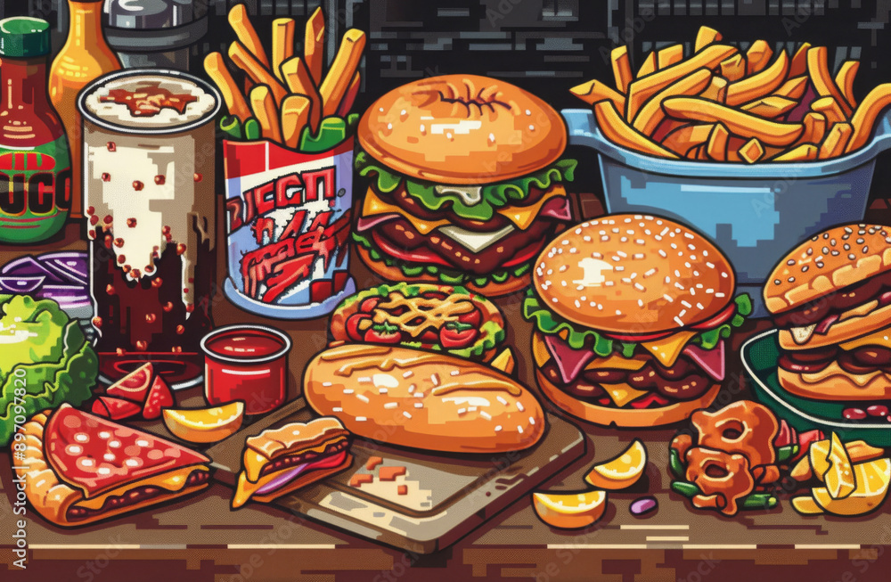 Pixel Art Delicious Fast Food Feast. Pixeled Burgers and Fries ...