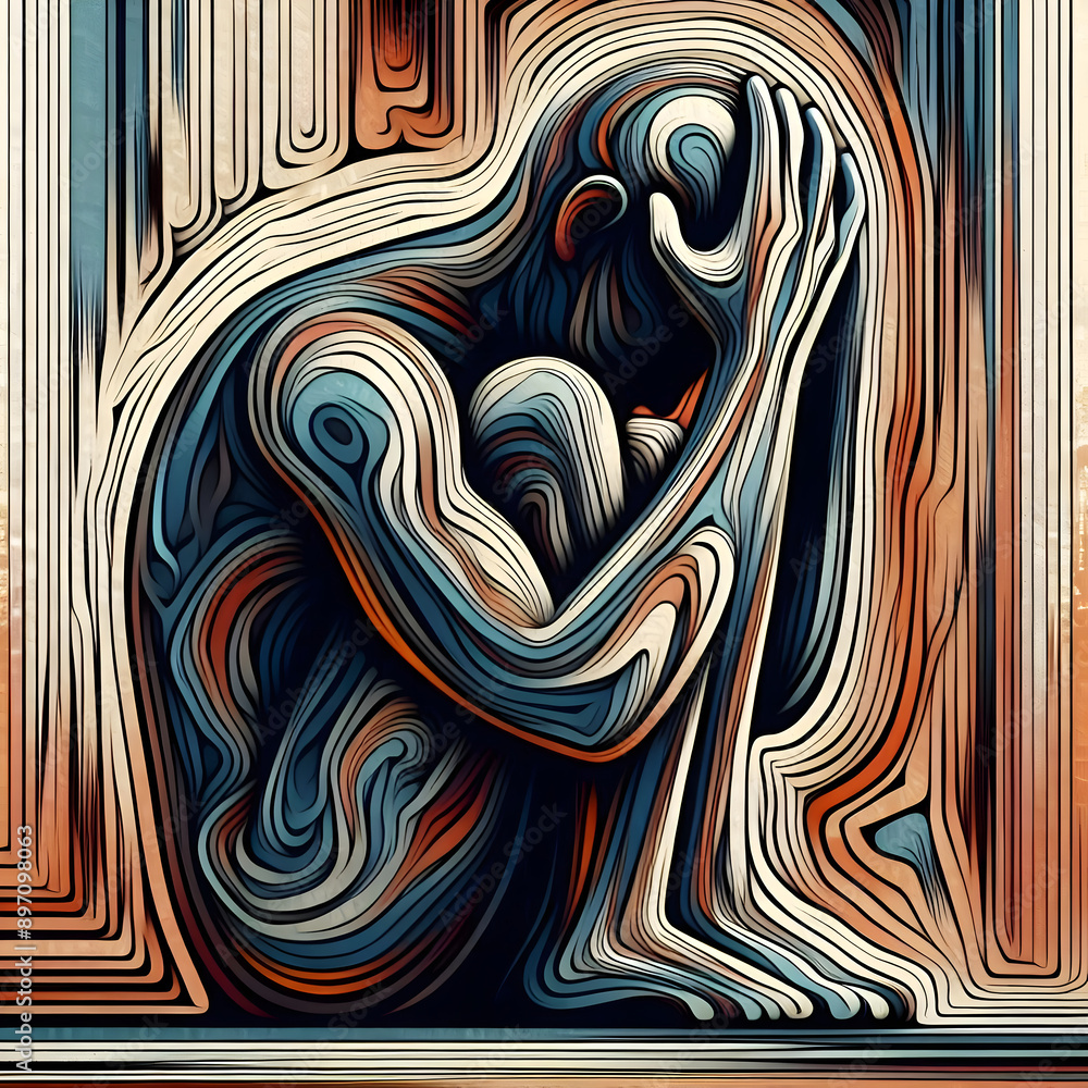 An abstract illustration of a man sitting with their head in their ...