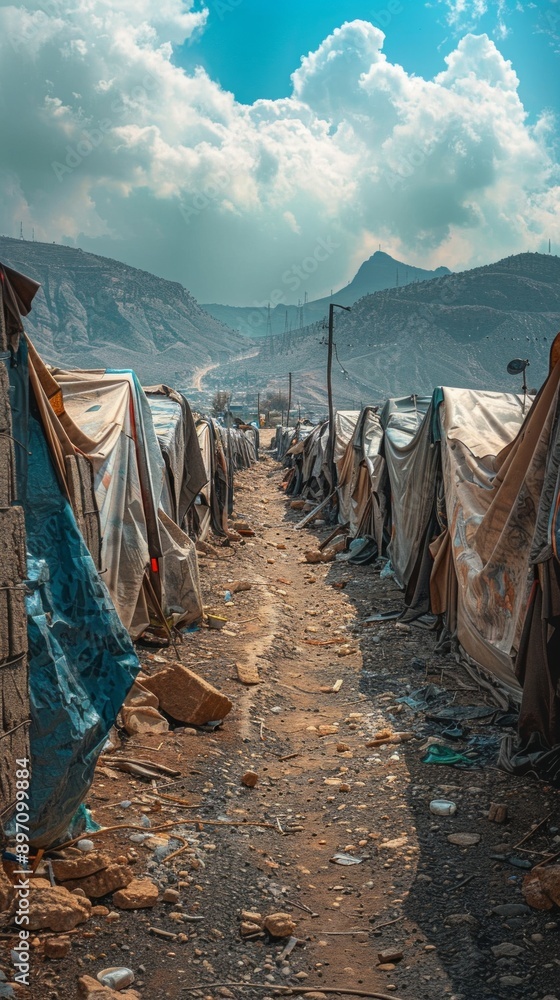 The photograph shows a community of beggars in a desolate place, with ...