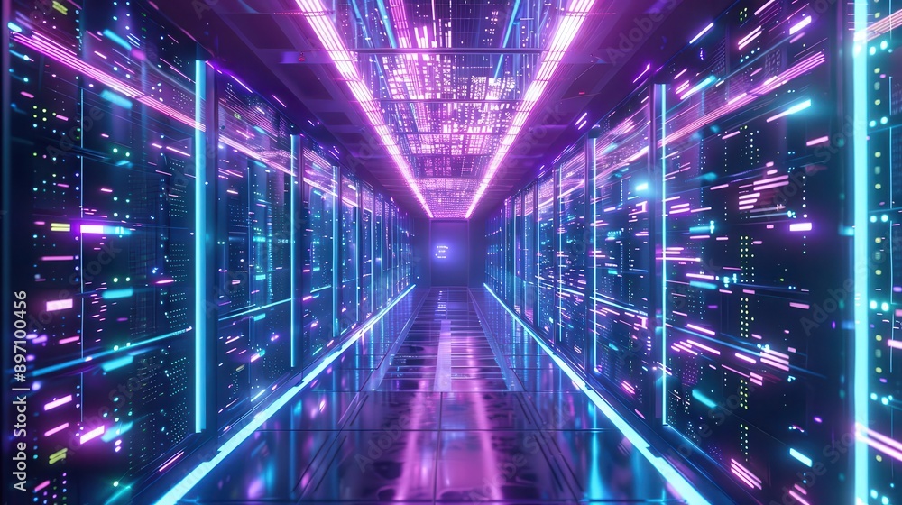 ethereal server room bathed in neon blue and purple light rows of ...