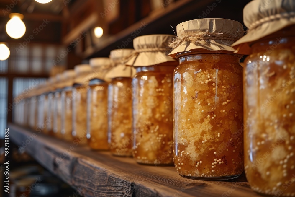 Rustic Japanese home setting with jars of fermenting koji, capturing ...