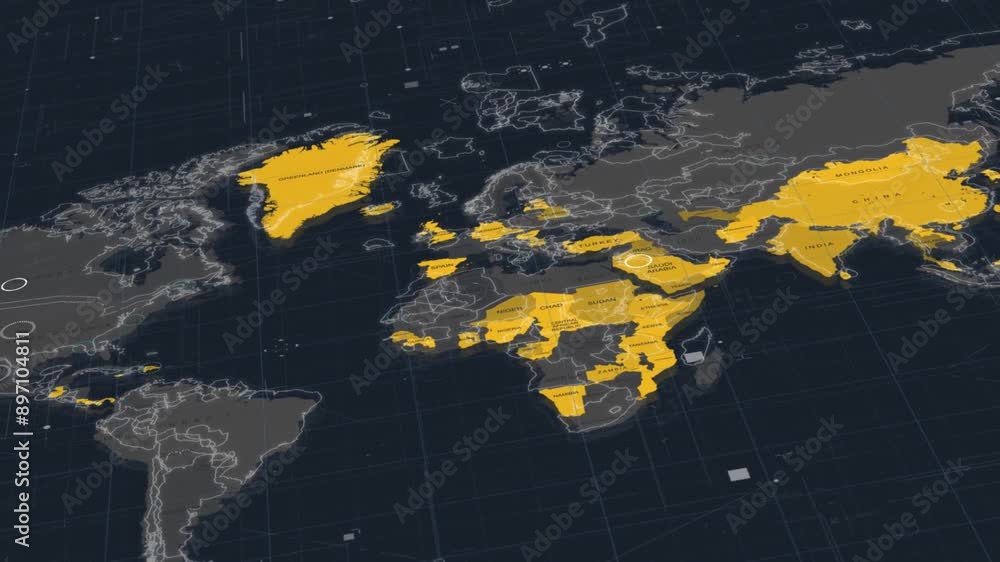 An animated world map with country outlines in white on a dark ...