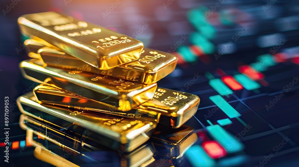 stack of shiny gold bars on down trend financial gold price graph ...