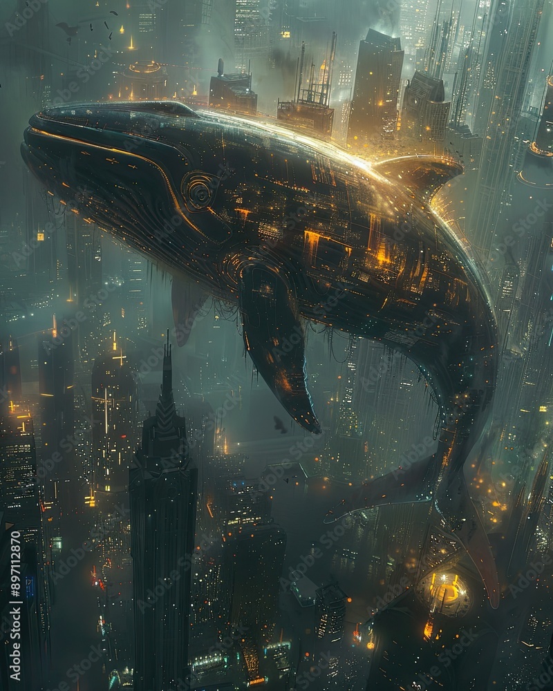 humanoid whale with cybernetic enhancements soars above the city, a ...