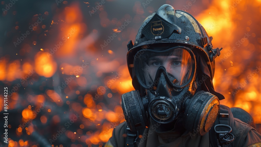 Firefighter in Full Gear Amidst Raging Fire. Firefighter wearing full ...