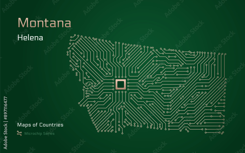 Vetor de Montana Map with a capital of Helena Shown in a Microchip ...