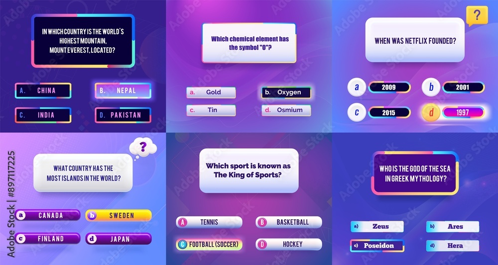 This raster illustration of a vector quiz template features a vibrant ...